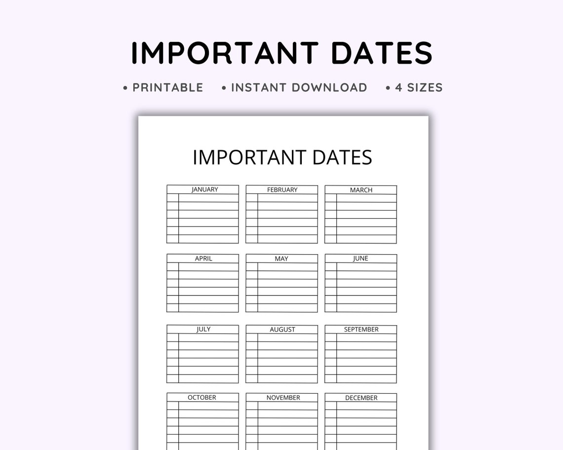 Yearly Important Dates Printable,important Dates Template,yearly Event ...