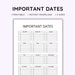 Yearly Important Dates Printable,important Dates Template,yearly Event ...