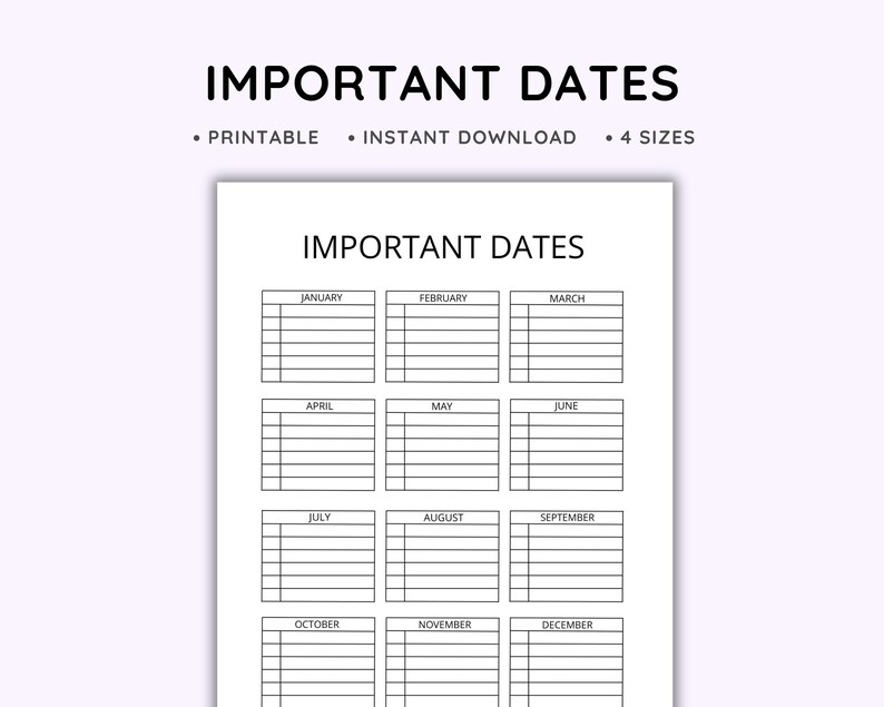 Yearly Important Dates Printable,important Dates Template,yearly Event ...