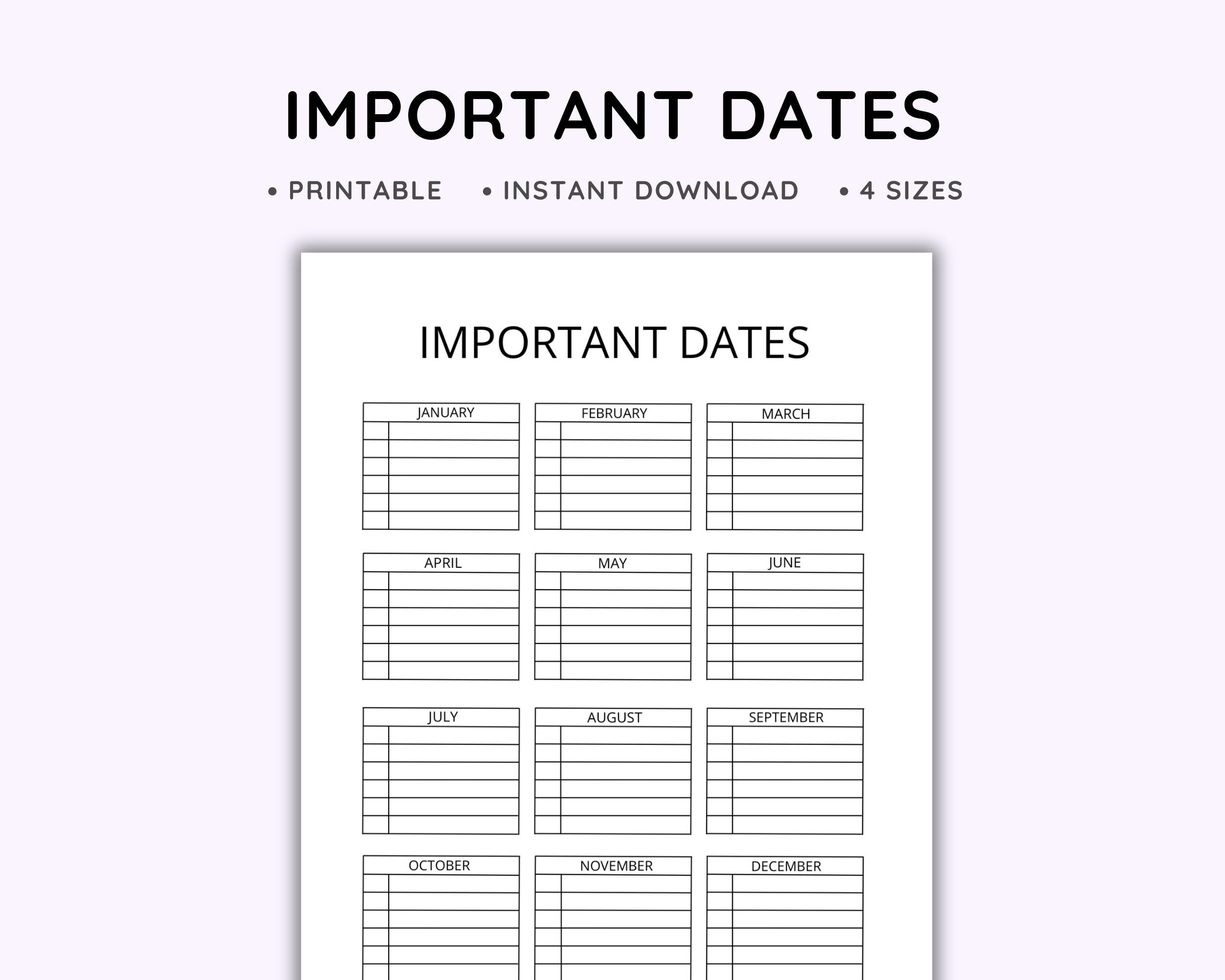 Yearly Important Dates Printable,important Dates Template,yearly Event ...