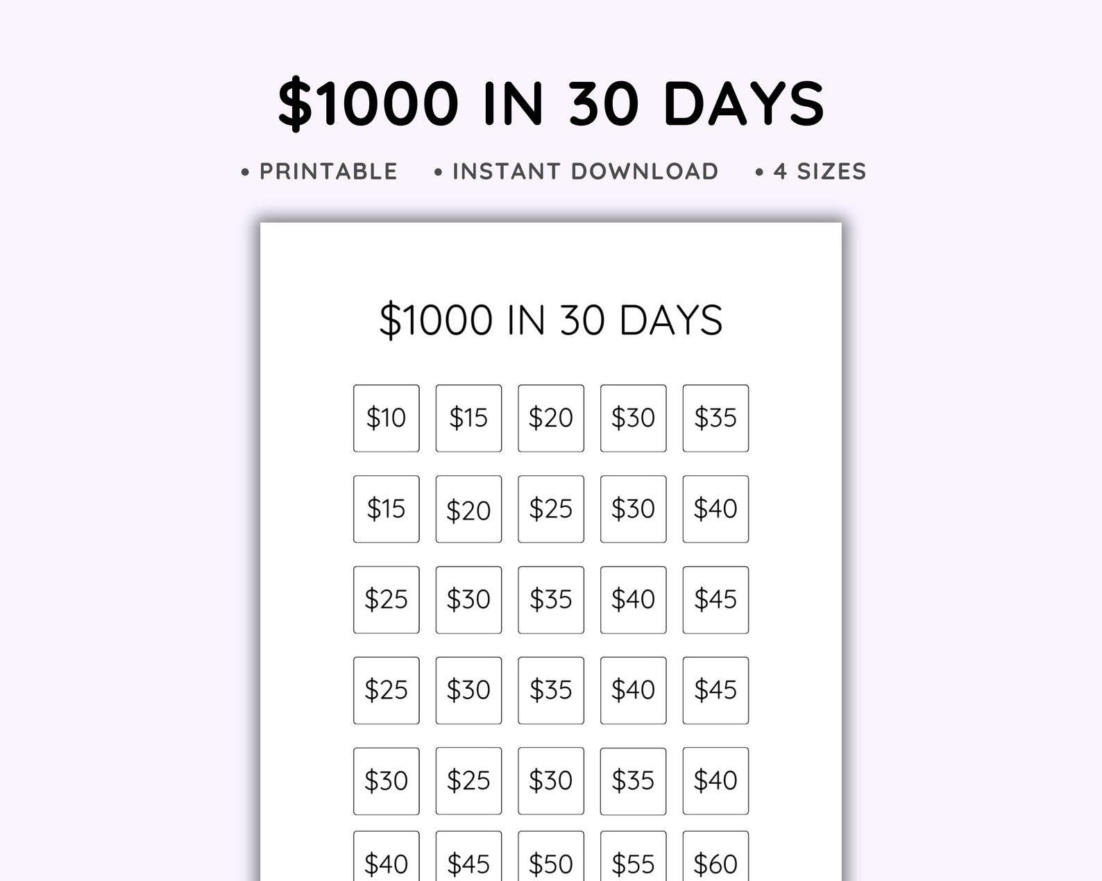 1000 Money Saving Challenge Printable,1000 in 30 Days,30 Days Saving ...