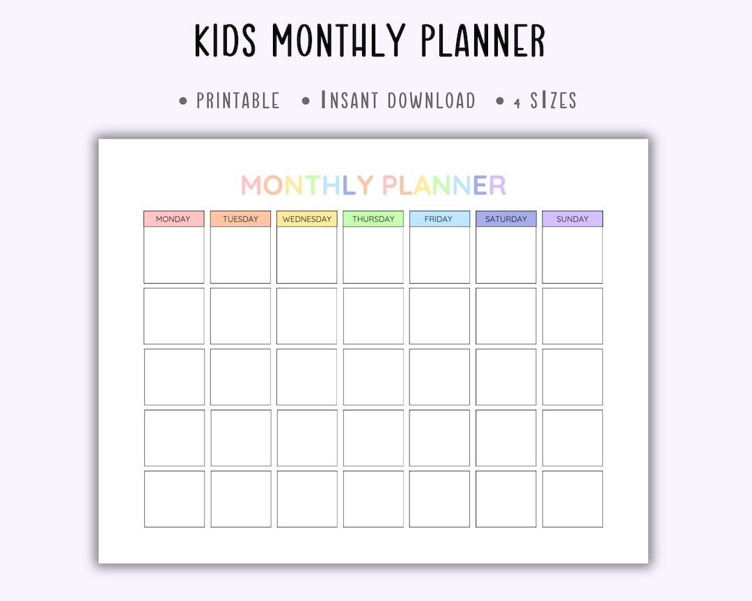 Kids Monthly Planner Printable,kids Monthly Calendar,kids Schedule ...