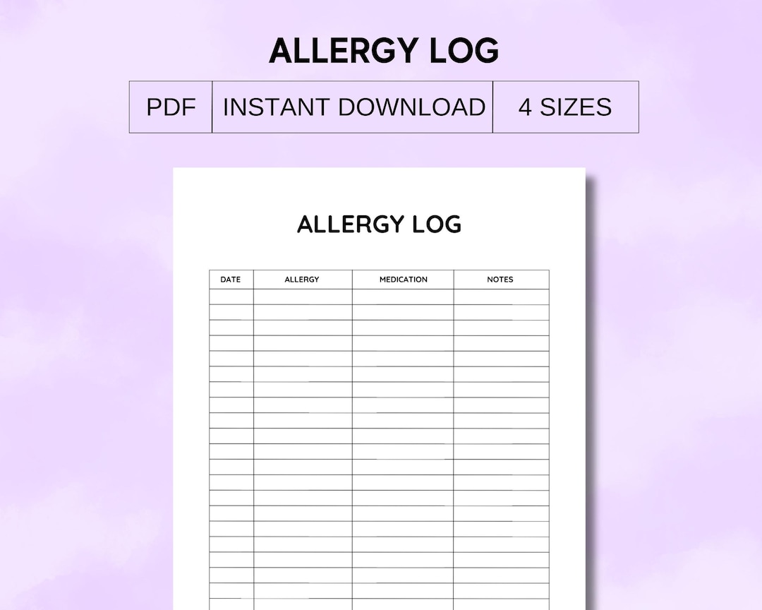 Allergy Log Printable,allergy Tracker,allergy Journal,allergy Health ...