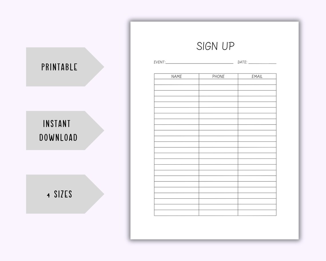 Sign up Sheet Printable,sign up Sheet Template List Form,event Sign up ...