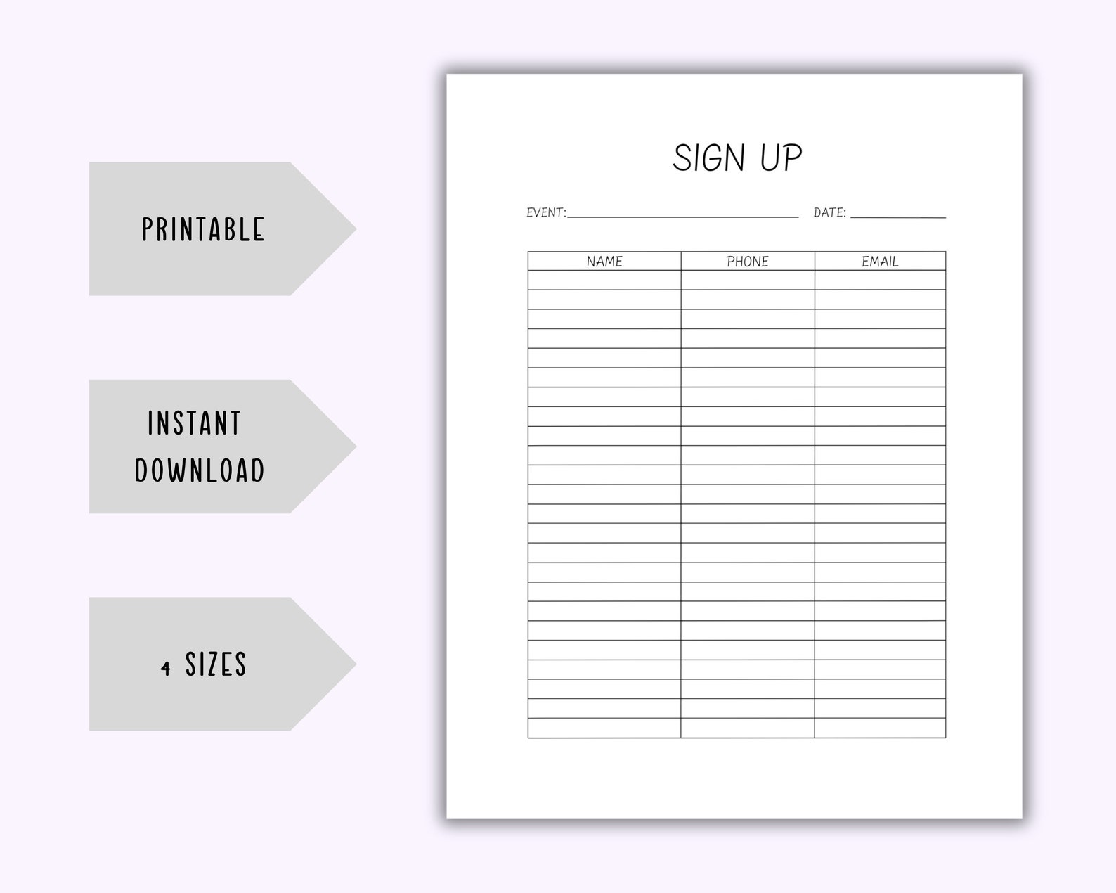 Sign up Sheet Printable,sign up Sheet Template List Form,event Sign up ...