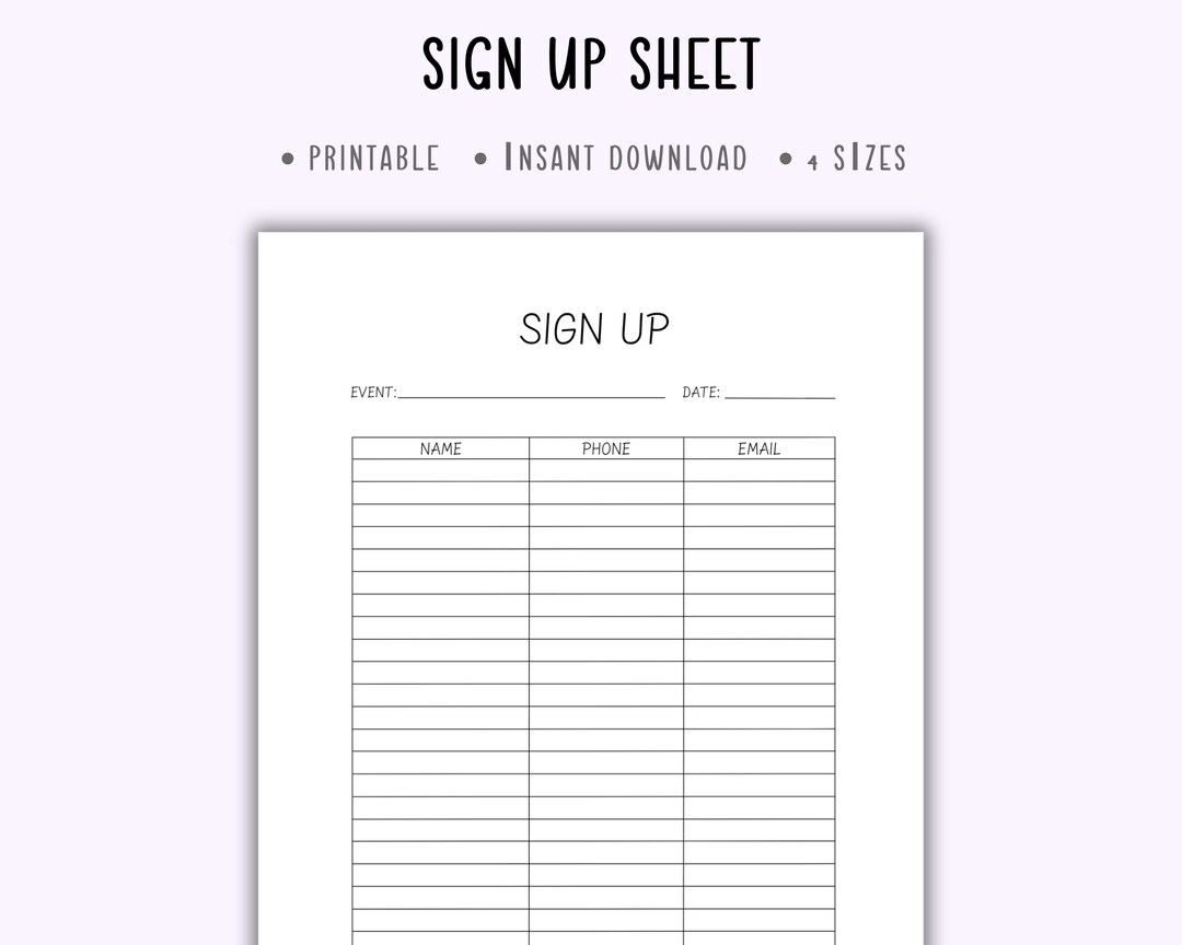 Sign up Sheet Printable,sign up Sheet Template List Form,event Sign up ...