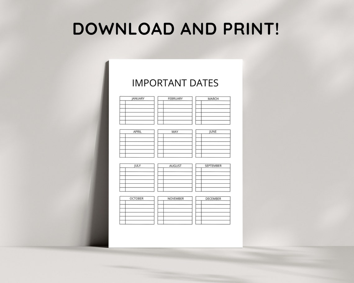 Yearly Important Dates Printable,important Dates Template,yearly Event ...