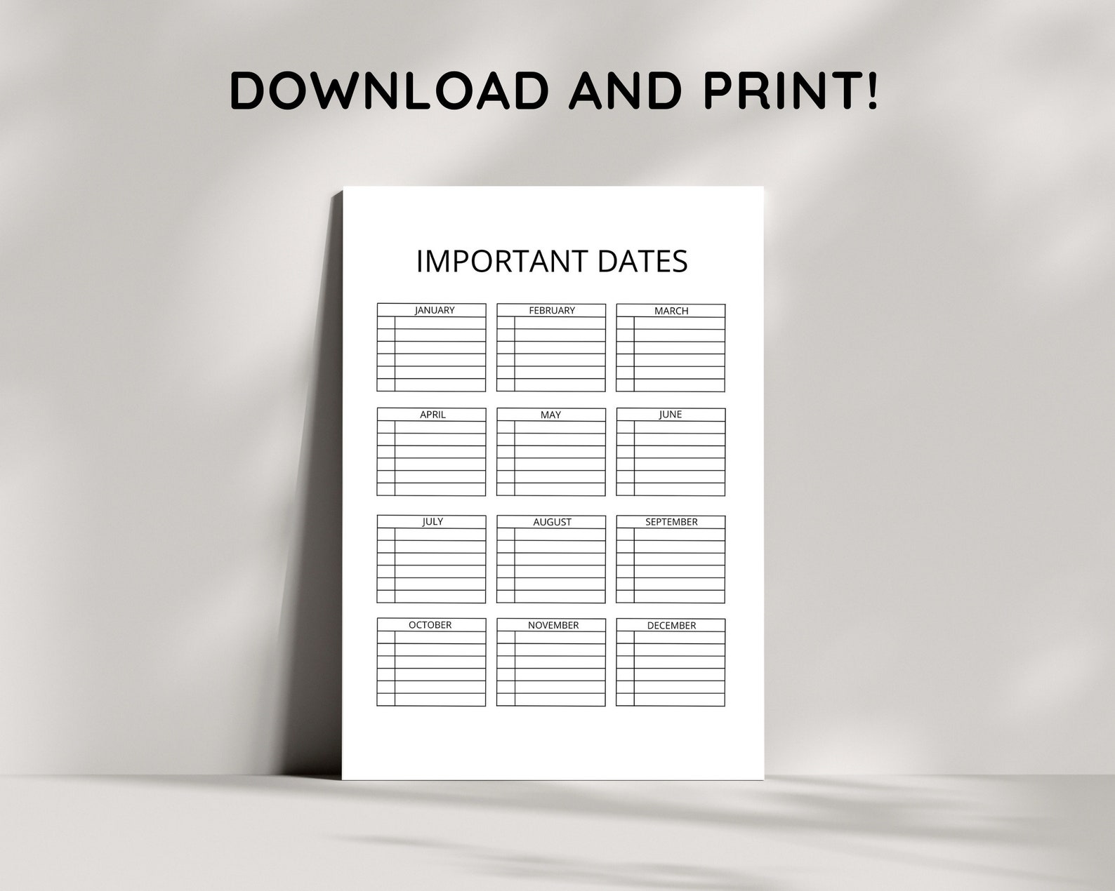 Yearly Important Dates Printable,important Dates Template,yearly Event ...