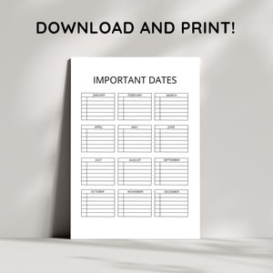 Yearly Important Dates Printable,important Dates Template,yearly Event ...