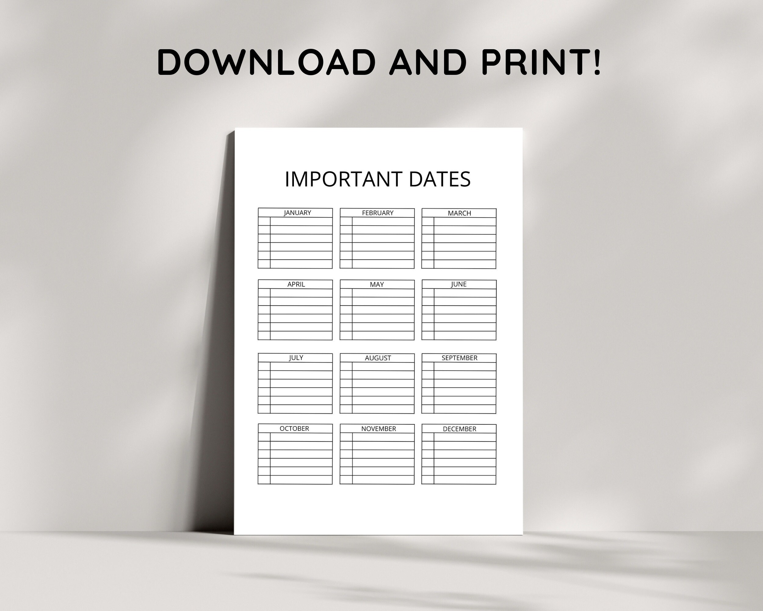 Yearly Important Dates Printable,important Dates Template,yearly Event ...