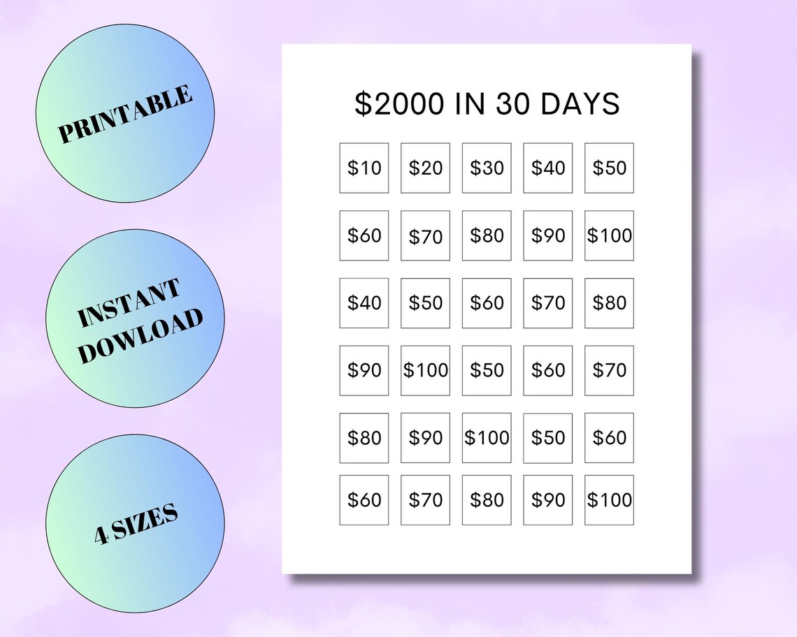 Savings Challenge Printable,save 2000 in 30 Days,2000 Money Saving ...