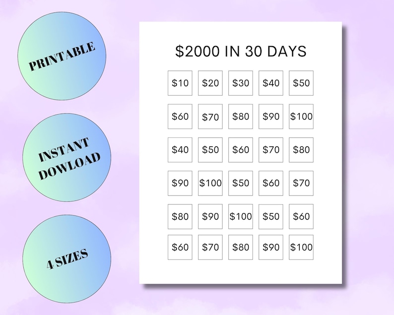 Savings Challenge Printable,save 2000 in 30 Days,2000 Money Saving ...