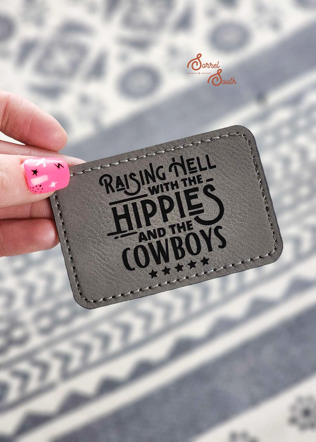 Gray Hippies & Cowboys Leather Iron on Patch , Heat Adhesive, Press On ...