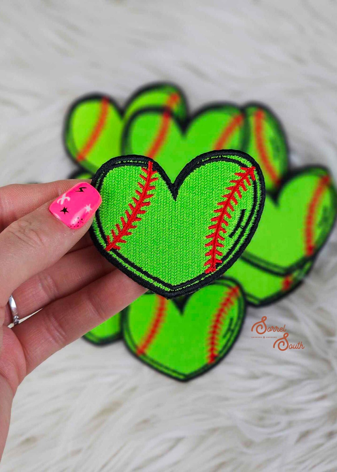 Neon Green Softball Heart Iron on Heat Adhesive Embroidered Patch ...
