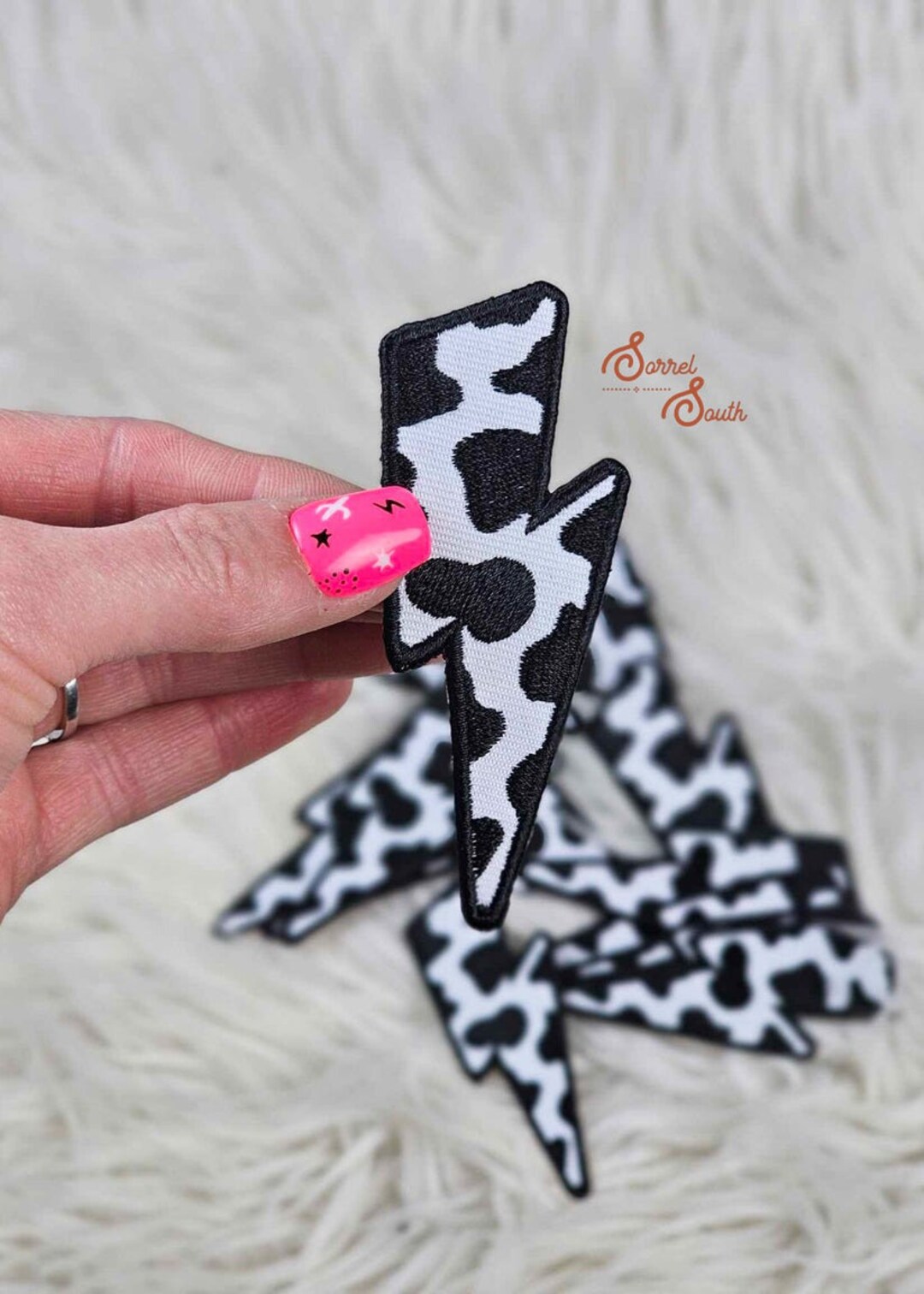 Cowprint Lightning Bolt Iron on Heat Adhesive Embroidered Patch ...