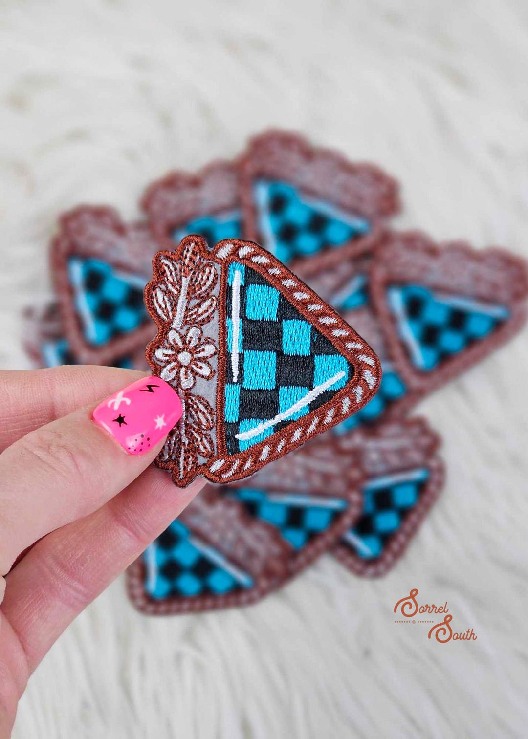 Checkered Turquoise Stone Iron on Heat Adhesive Embroidered Patch ...