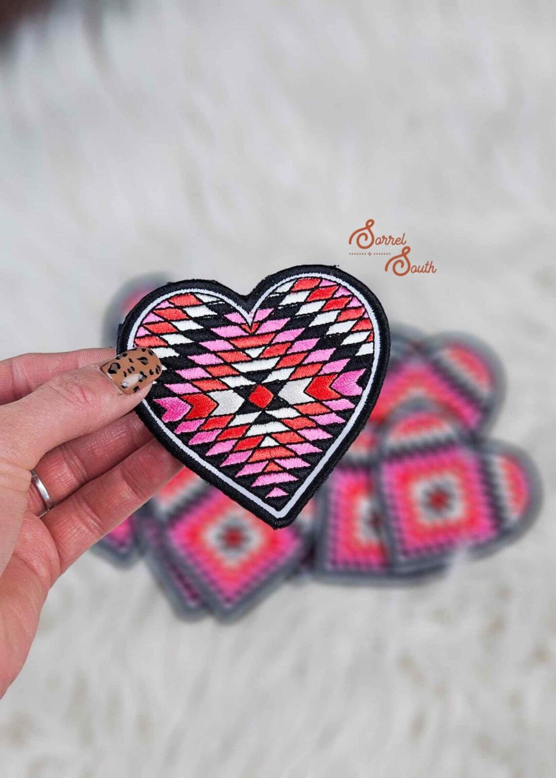 Pink & Red Aztec Heart Iron on Heat Adhesive Embroidered Patch, Western ...