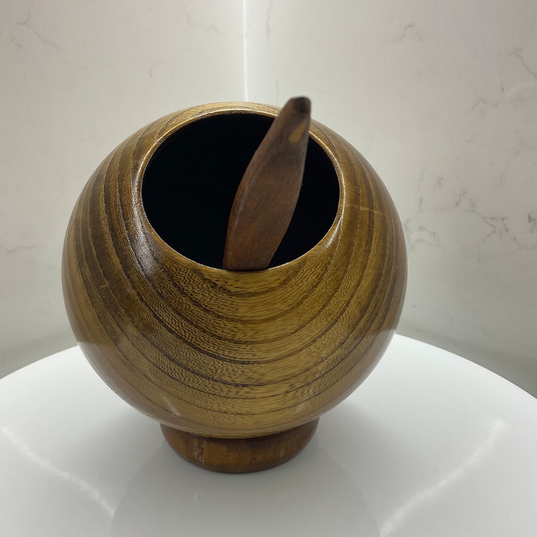 Vtg Mid Century MOD Wood Orb Sphere Round Nut Bowl Candy Dish W/ Wood ...