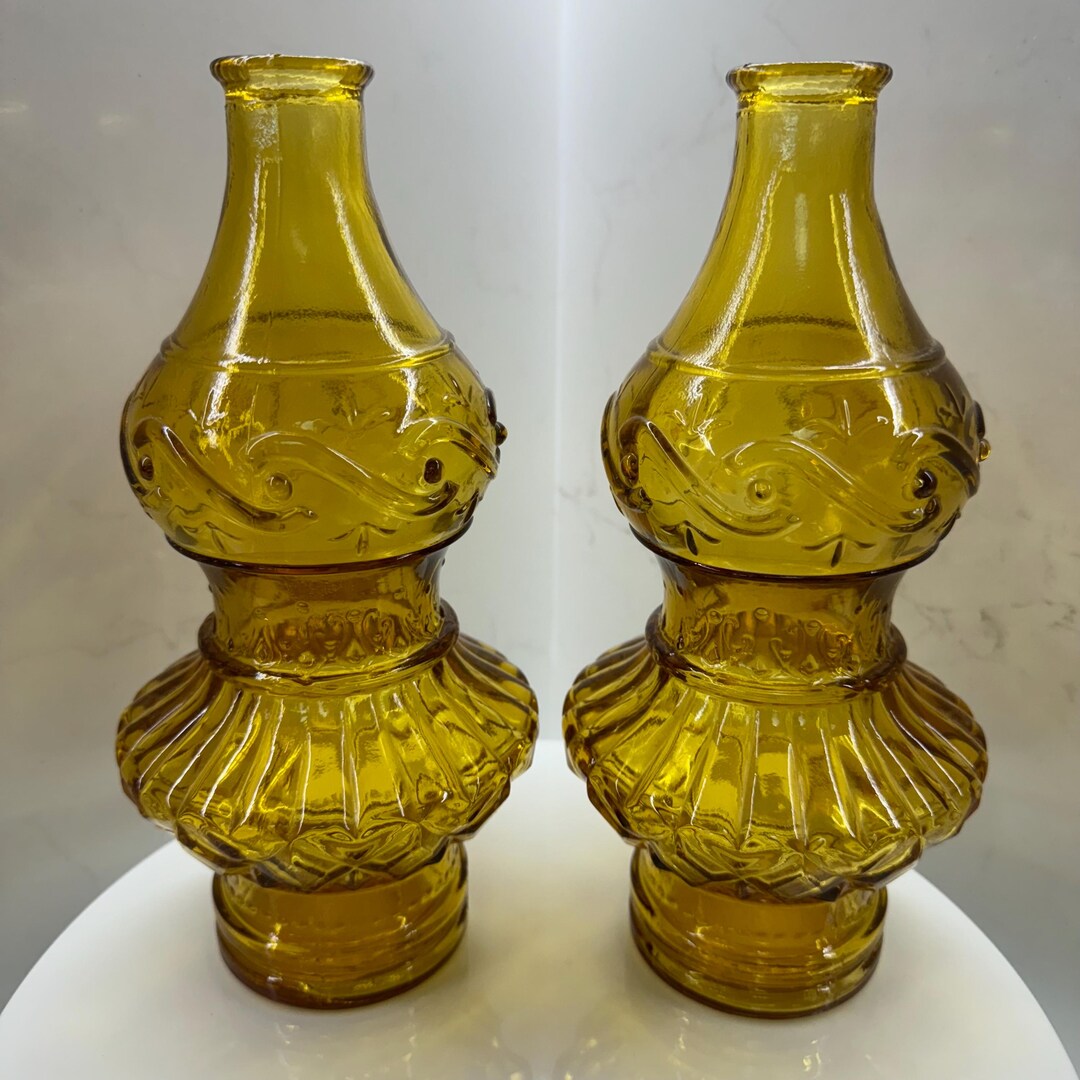Two Vintage Wheaton Glass Co. Amber Glass oil Lamp Style Bottle/vase ...