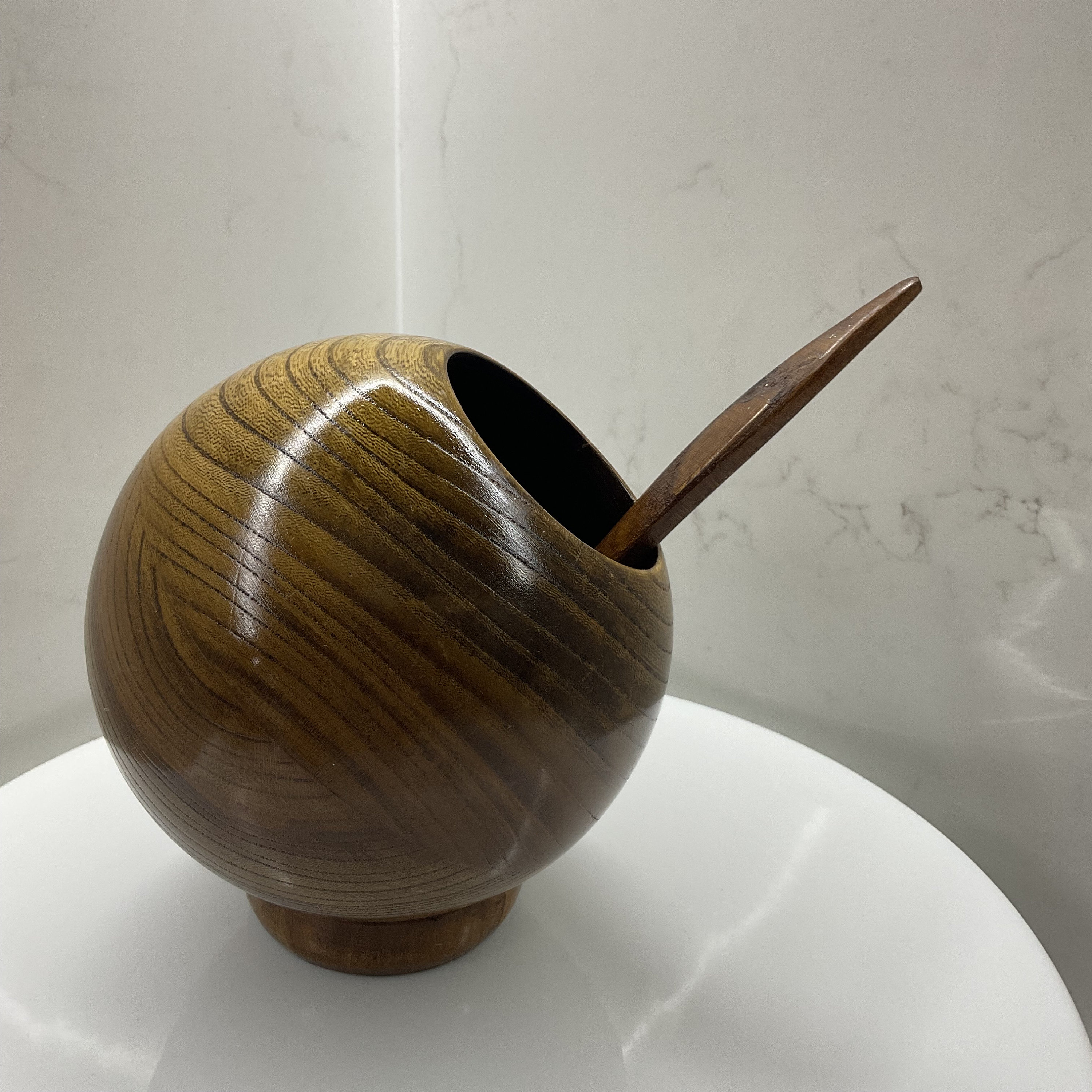 Vtg Mid Century MOD Wood Orb Sphere Round Nut Bowl Candy Dish W/ Wood ...