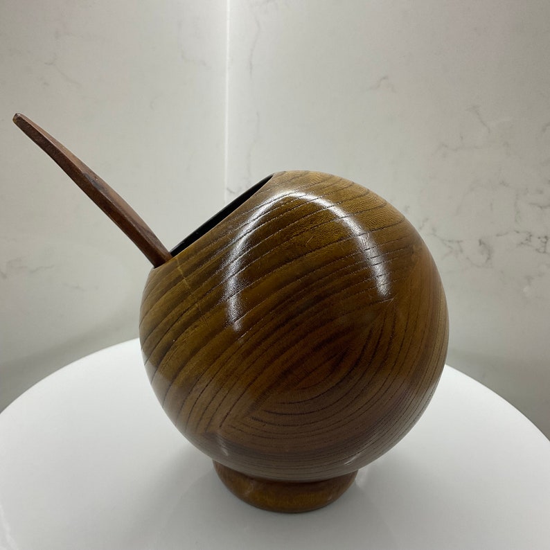 Vtg Mid Century MOD Wood Orb Sphere Round Nut Bowl Candy Dish W/ Wood ...