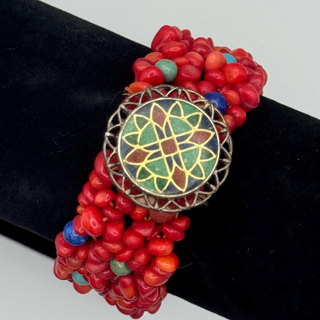 Carolyn Pollack Relios Sterling Silver Coral Inlay Beaded Stretch ...