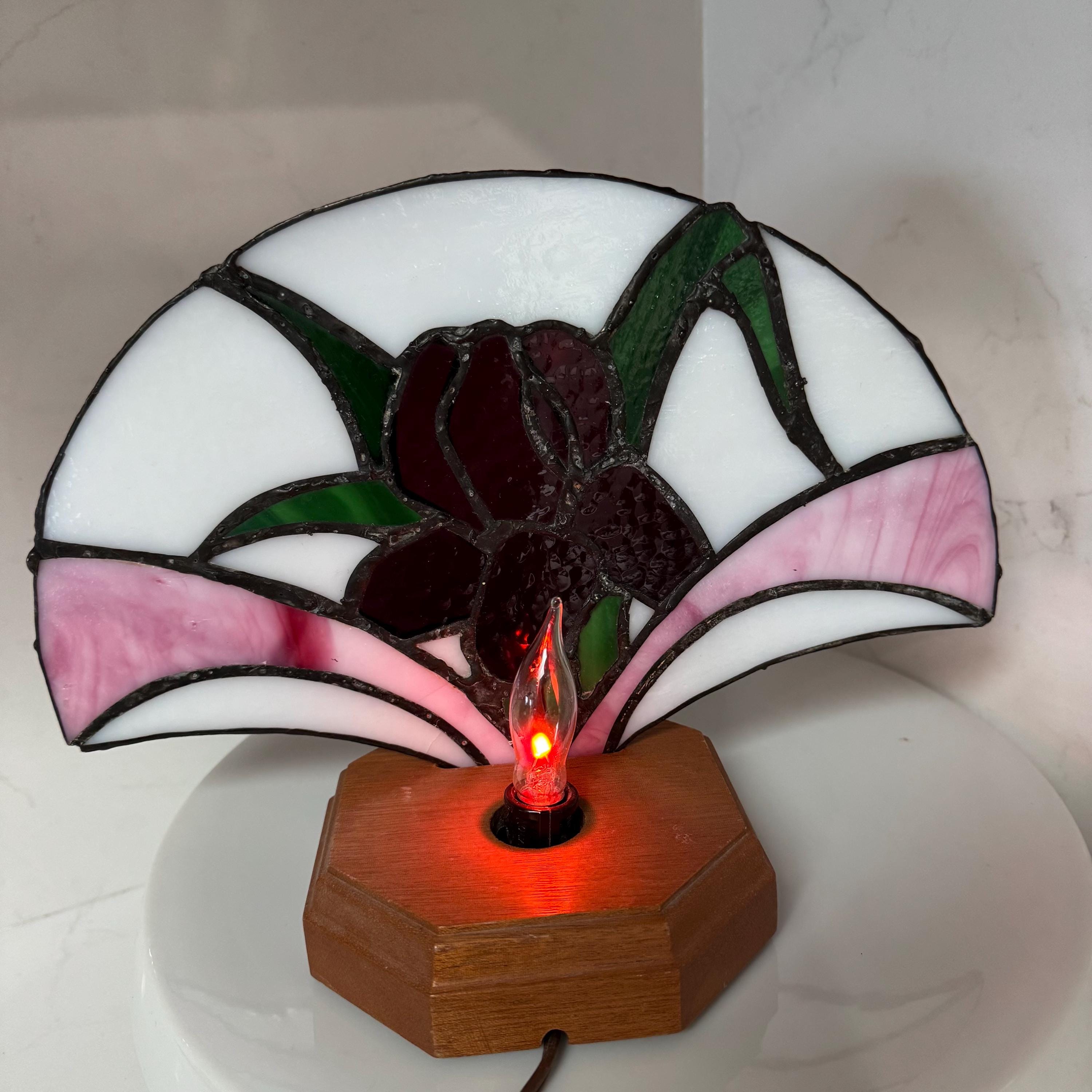Vintage Stained Glass Fan Art Lamp With Floral Design - Etsy