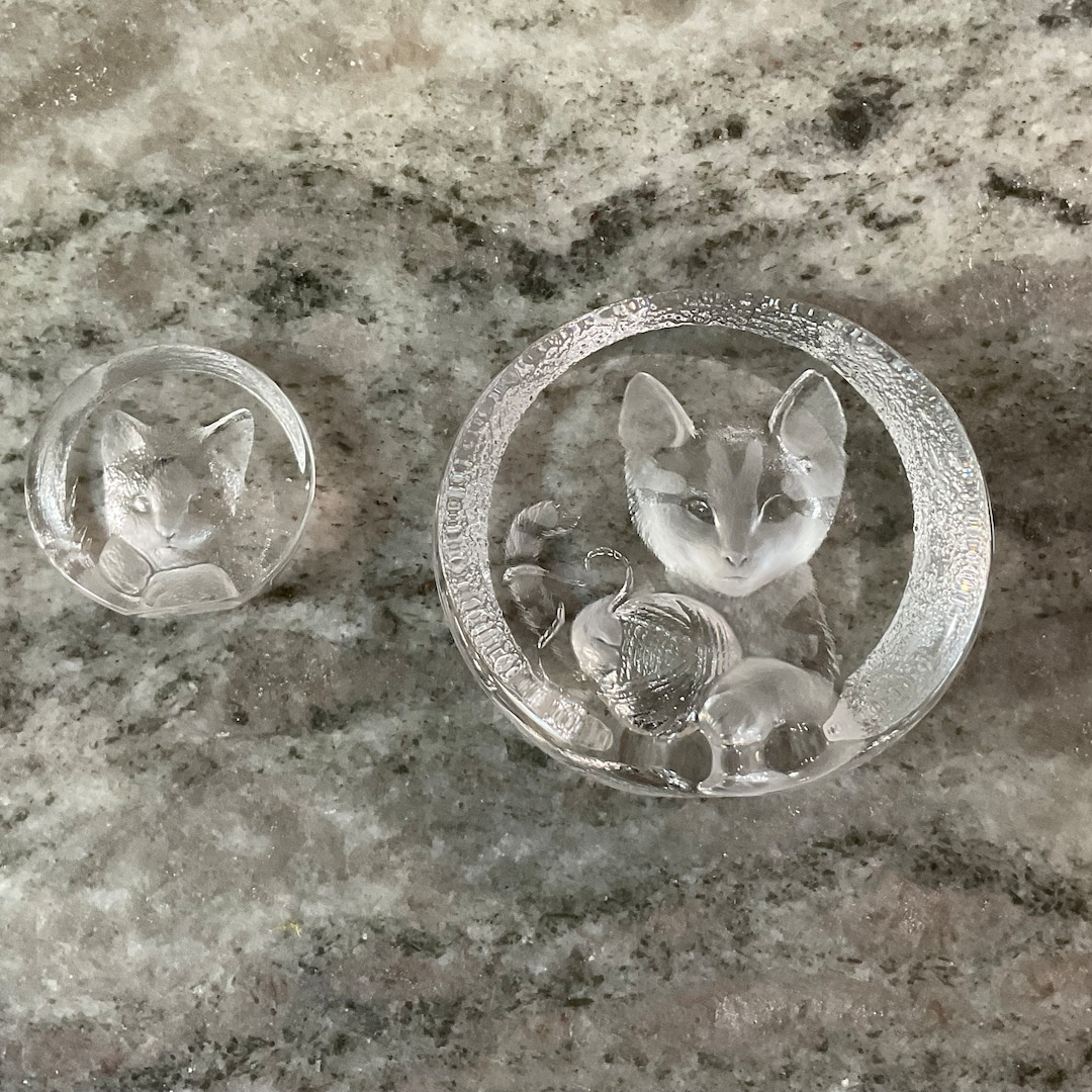 Mats Jonasson Lead Crystal Art Glass Cat Sweden Paperweight SIGNED (lot ...