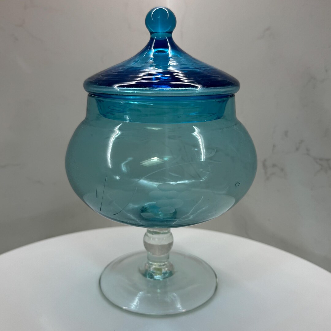 Vintage Blue Glass Covered Compote Jar Wlid Etched Floral Pedestal ...
