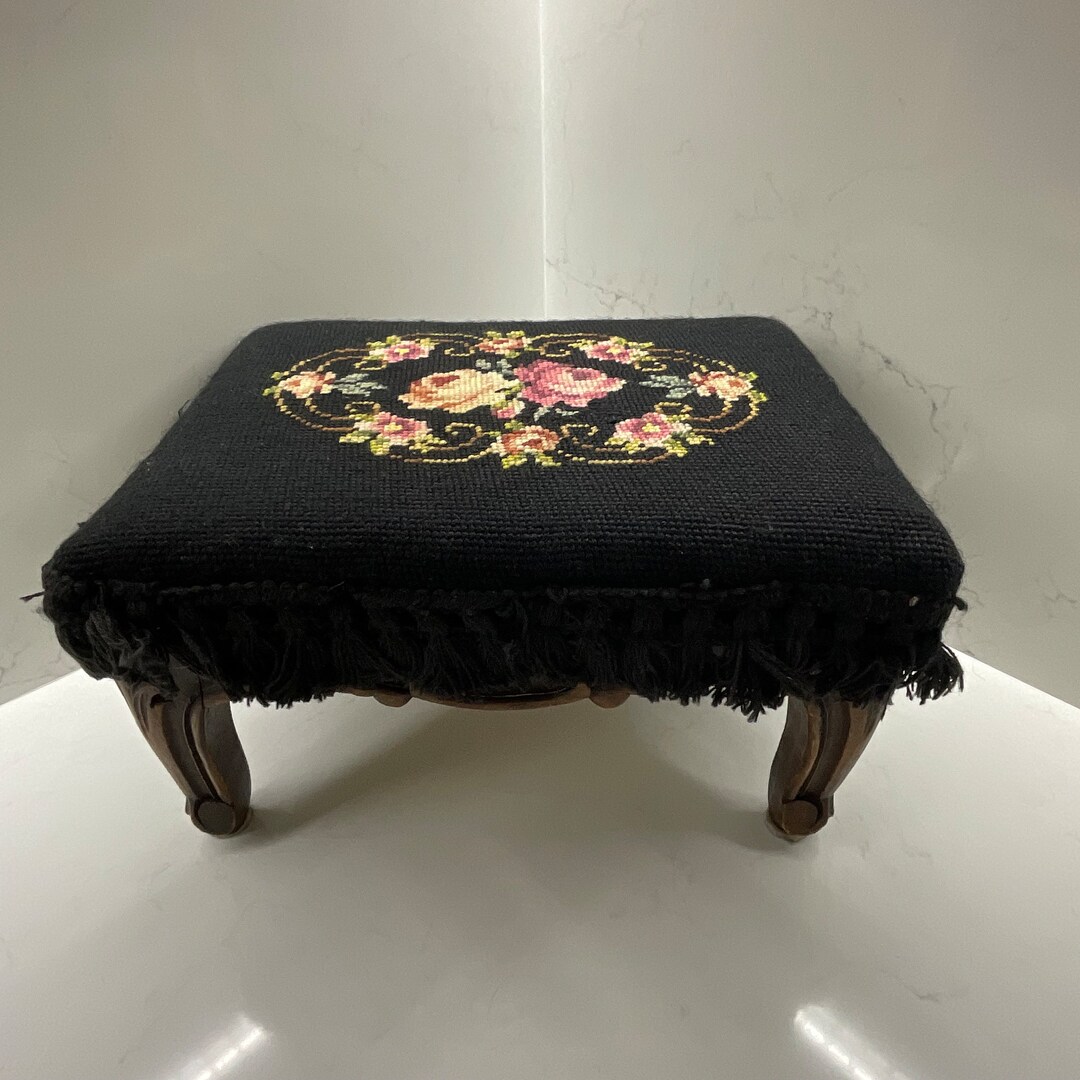 Vintage Needlepoint Footstool Ottoman Black Floral Fringe Wood Carved ...