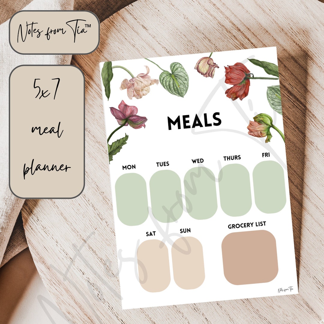 5x7 Floral Weekly Family Meal Planner, Weekly Meal Organizer, Instant ...