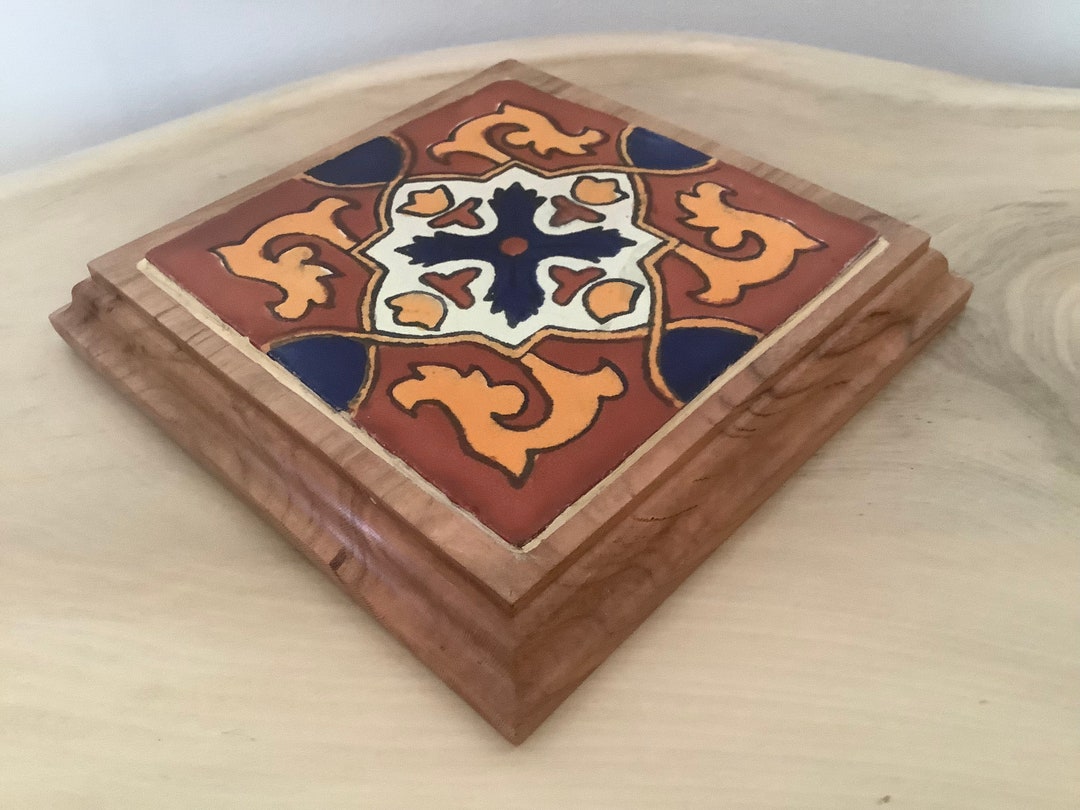 Framed Talavera Mexican Tile Set in a Cherry Wood Solid Base. Size: 5x5 ...