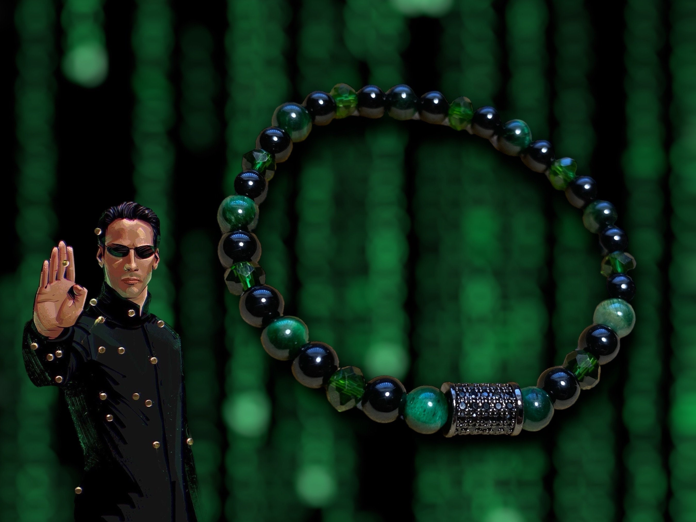 Neo Matrix-inspired Gemstone Bracelet Green Tigers Eye & Black Jasper ...