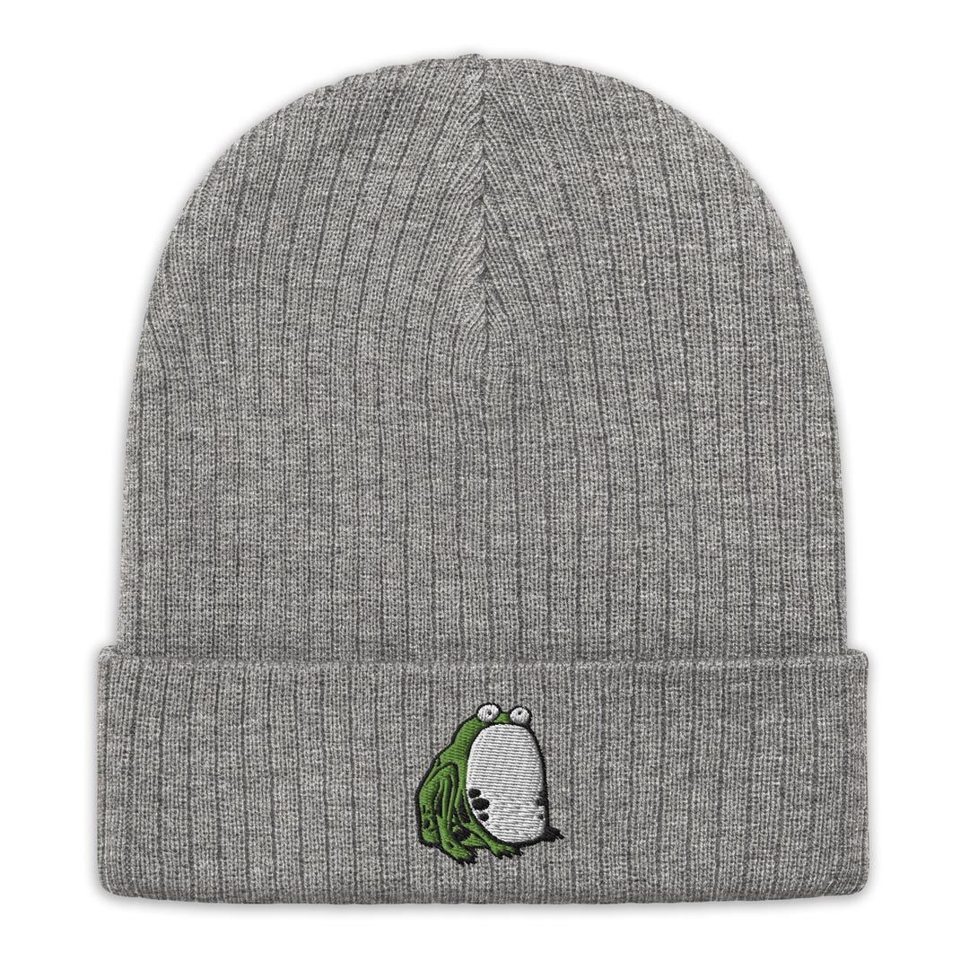 GRUMPY FROG Ribbed Knit Beanie / Matsumoto Hoji Japanese Fine Artist / Cute Trendy Frog Art ...