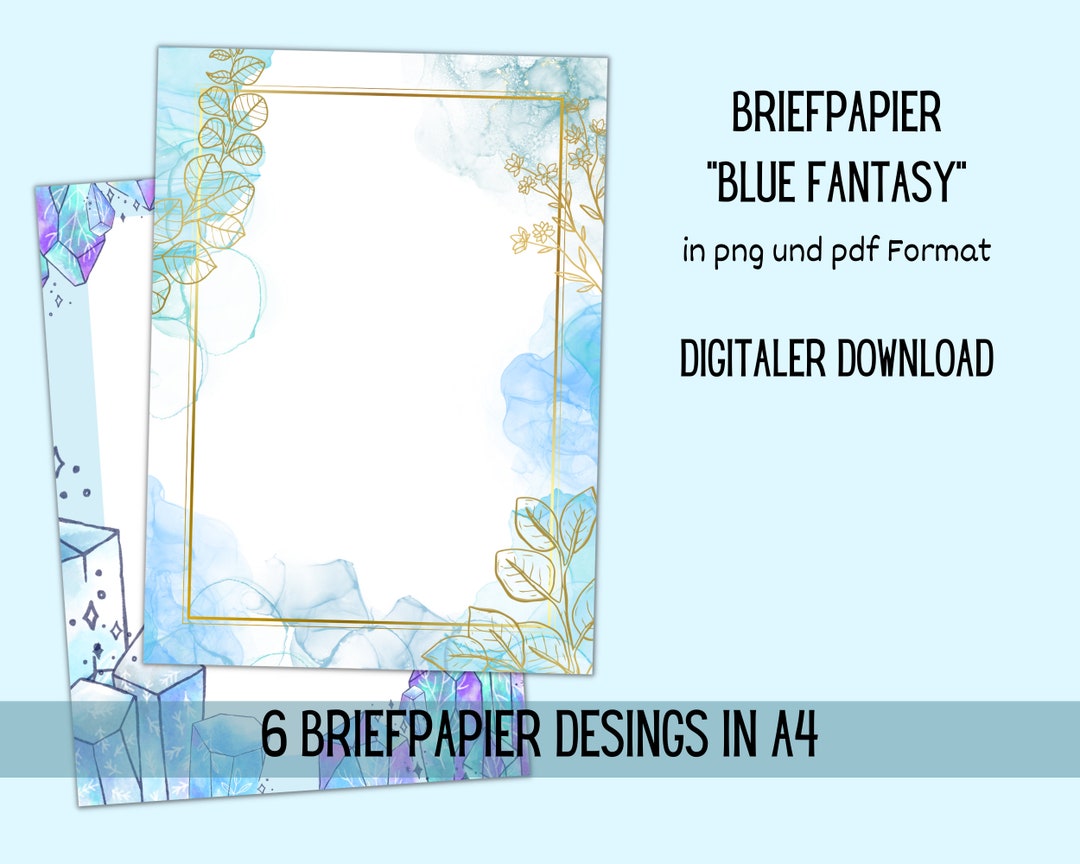 Printable Stationery in blue Fantasy Design, 6 Different Designs in A4 ...
