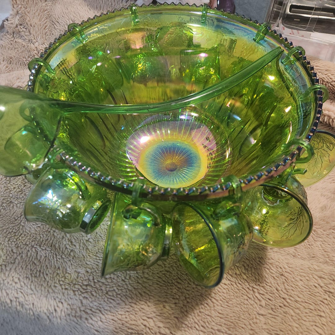 Punch Bowl Set Princess Green Carnival Glass Punch Bowl Set by Indiana ...