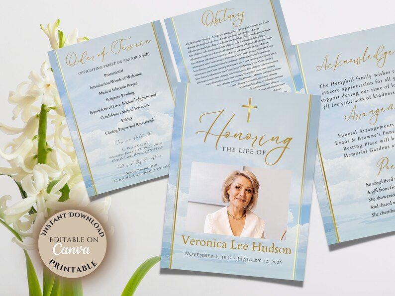 Elegant Funeral Program Template Editable Sky Blue Clouds Funeral ...
