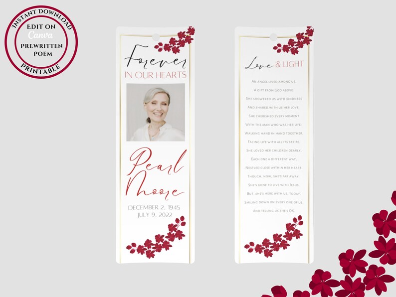 Red Funeral Bookmark Template Printable Memorial Bookmark - Etsy
