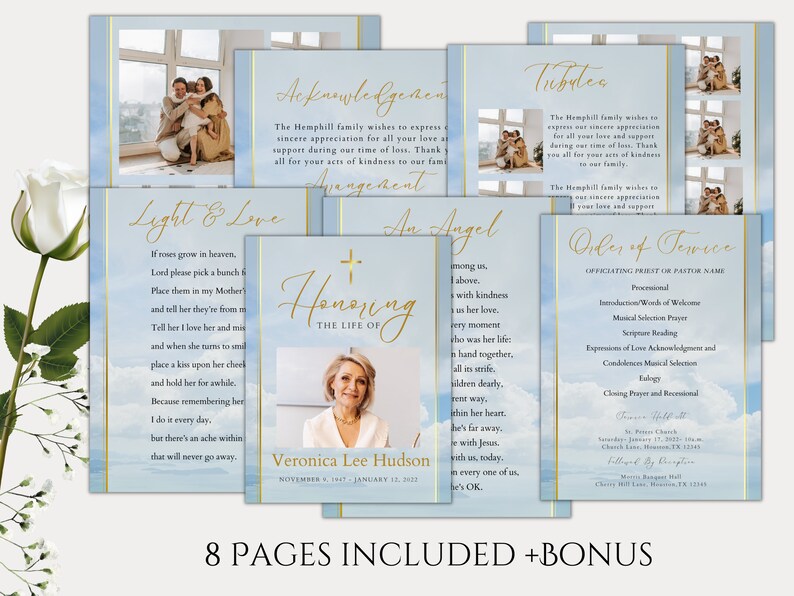 Elegant Funeral Program Template Editable Sky Blue Clouds Funeral ...