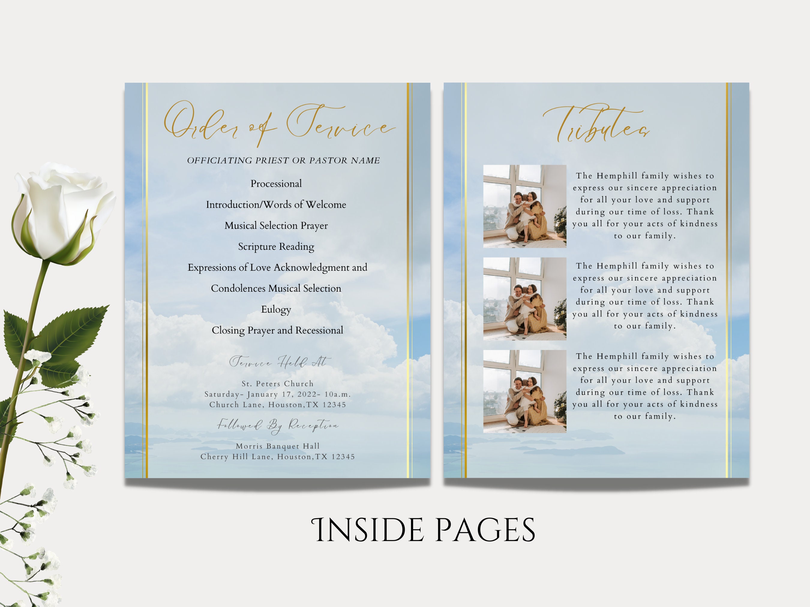 Elegant Funeral Program Template Editable Sky Blue Clouds Funeral ...
