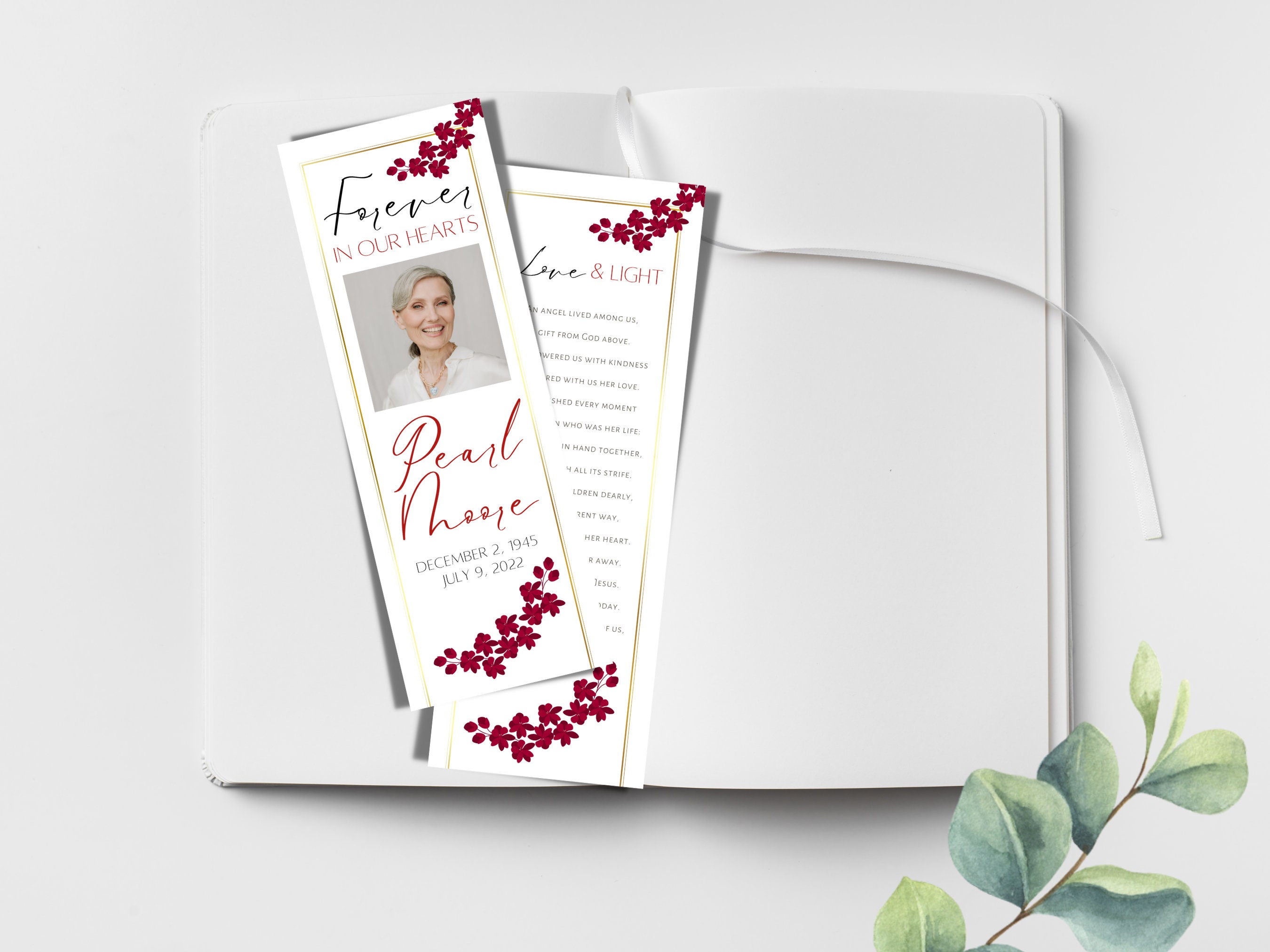 Red Funeral Bookmark Template Printable Memorial Bookmark Template ...