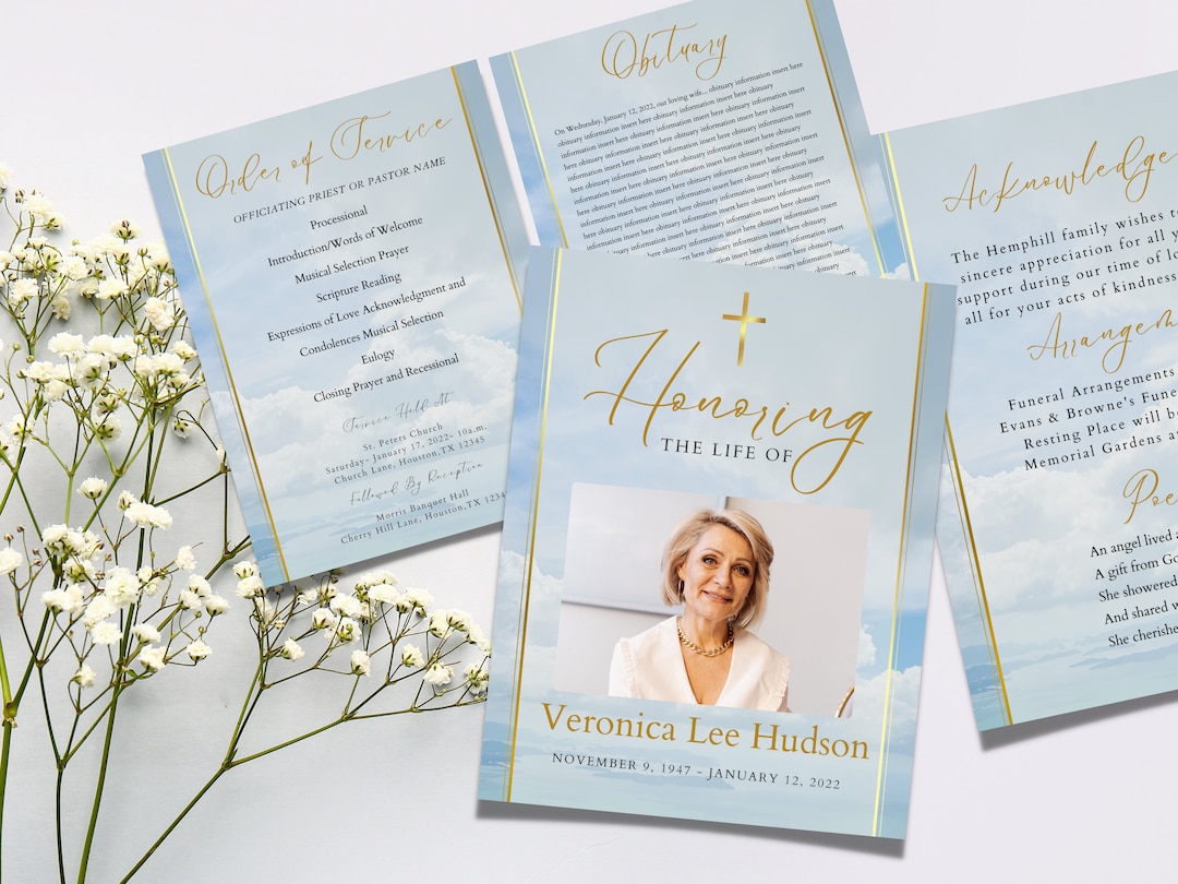 Classic Funeral Program Template Editable Sky Blue Funeral Program 8 ...