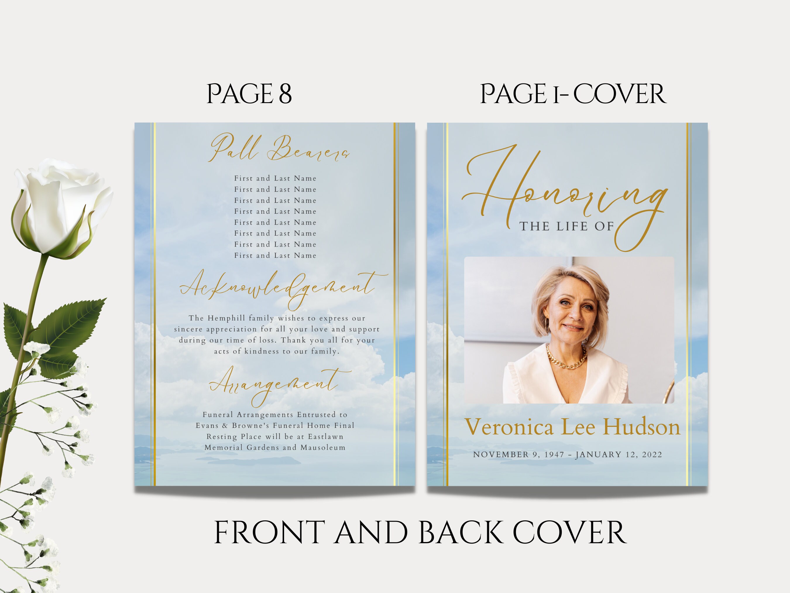 Elegant Funeral Program Template Editable Sky Blue Clouds Funeral ...