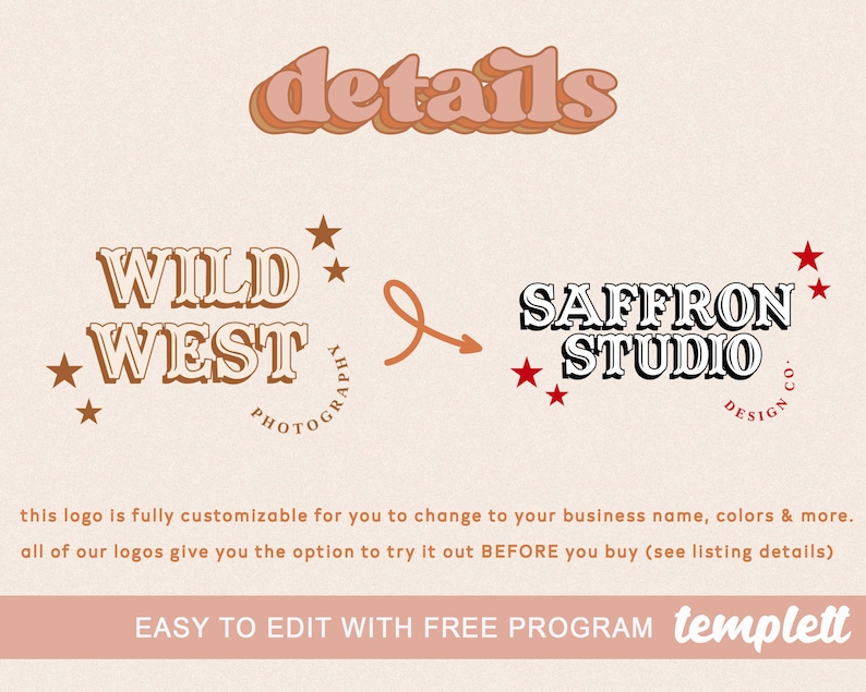Digital Boho Western Logo, Small Business Branding, Premade Logo, Retro ...