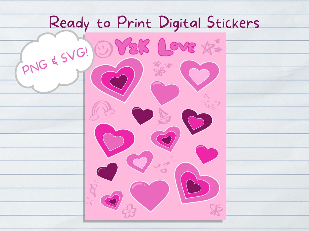 Digital Y2K Hearts Pink Sticker Sheet Hand-drawn Digital Stickers for ...