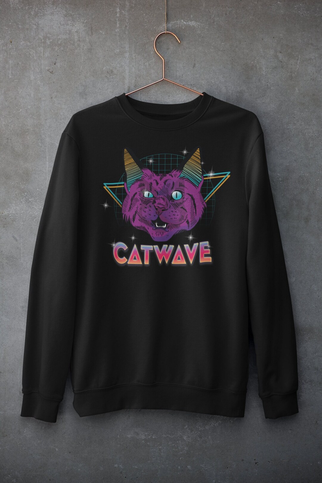Catwave Retro Synthwave Cartoon Cat Sweatshirt - Neon Aesthetic Sweater ...