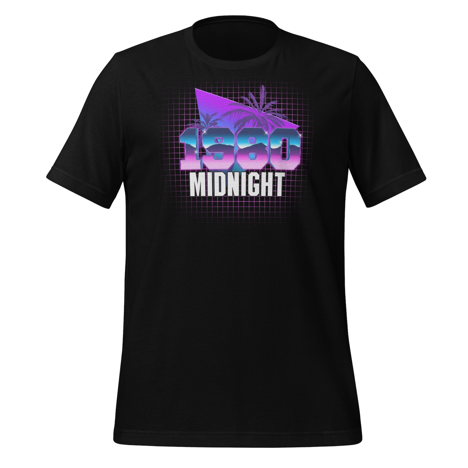 1980 Midnight Retro Neon Text Palm Trees Mountains Chrome Reflection ...