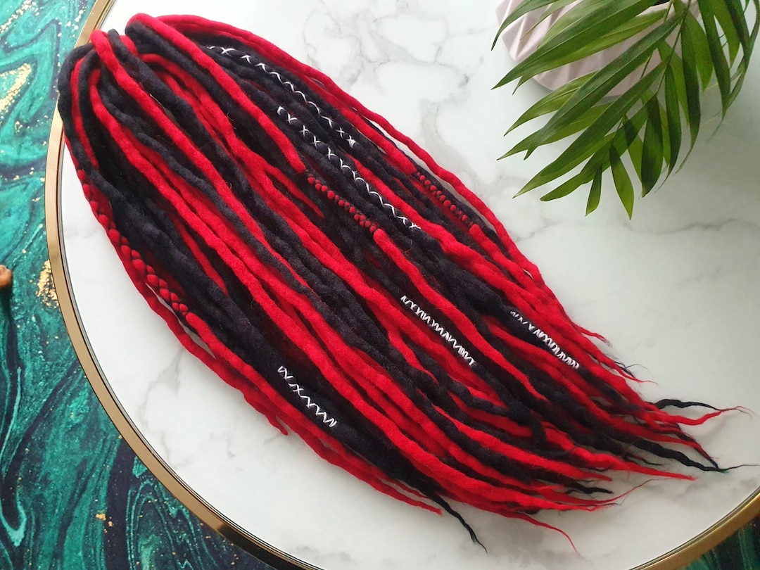 SET No. 6 , Choose Length Wool Dreads Merino Extensions Black Red ...