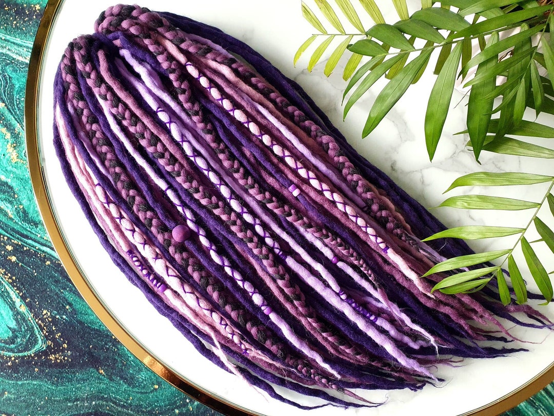 SET No. 164 Choose Length Wool Dreads Extensions Braids Purple Violet ...