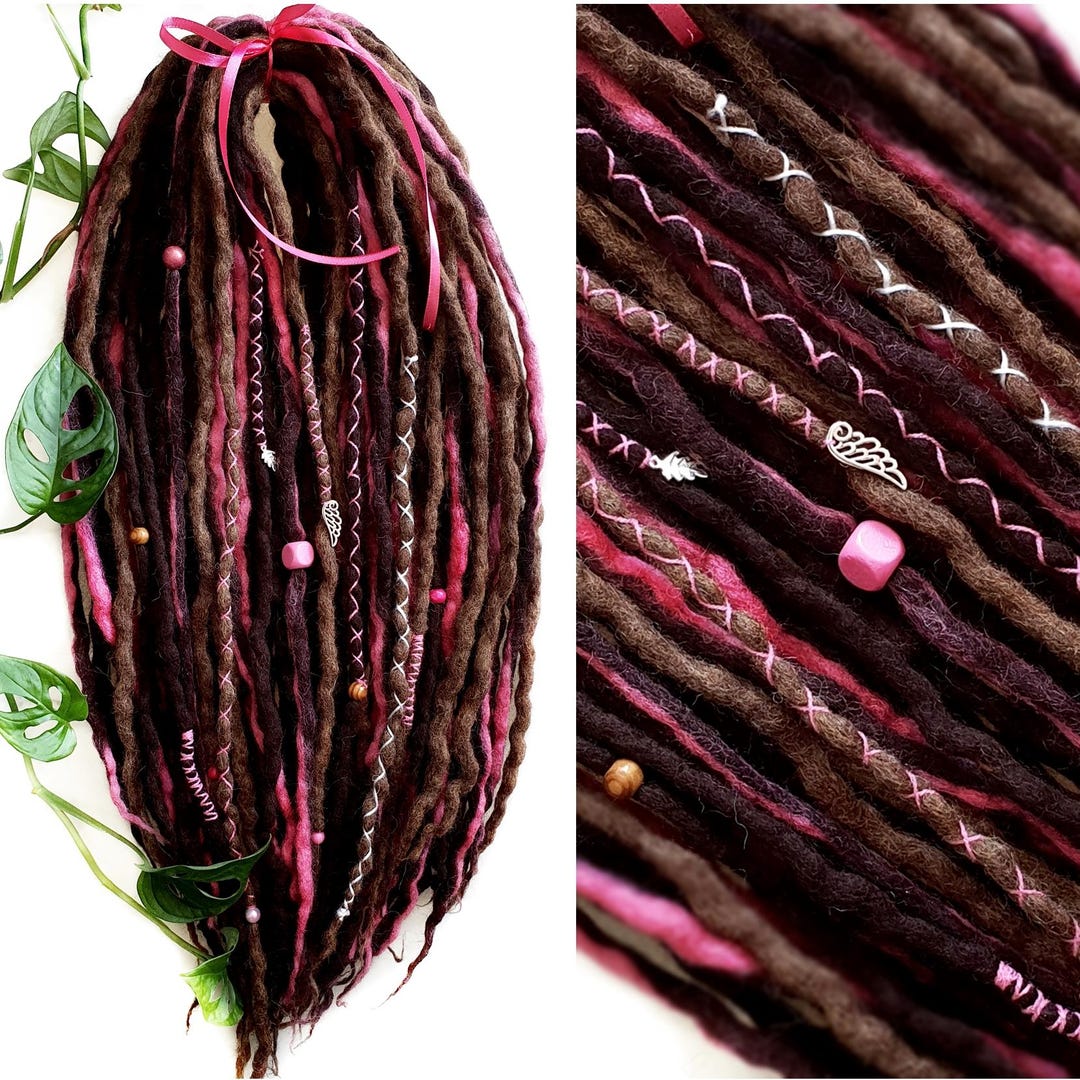 SET No. 519 Choose Length Wool Dreads Extensions Pink Dark Brown Medium ...